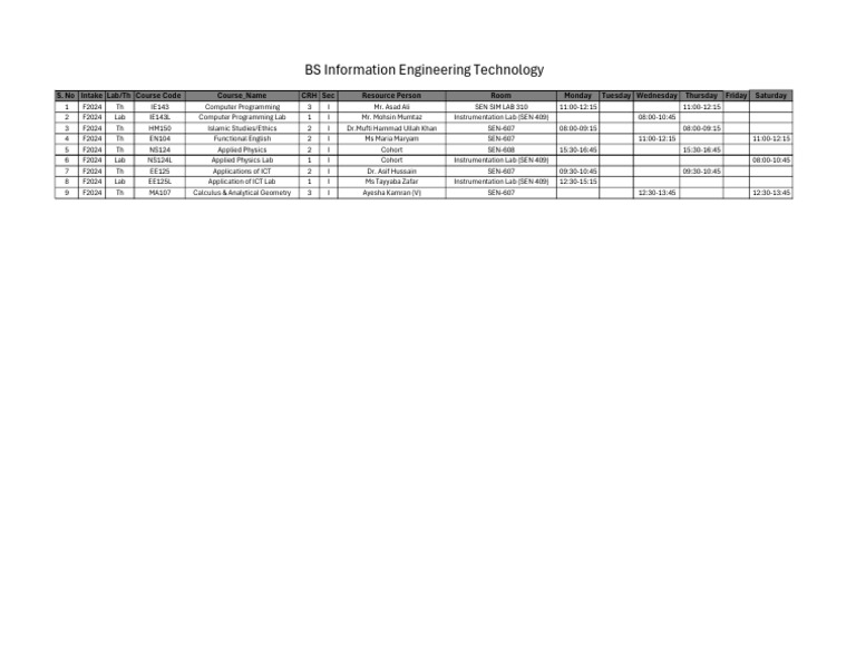 BS Information Engineering Technology Fall 2024 Timetable | PDF