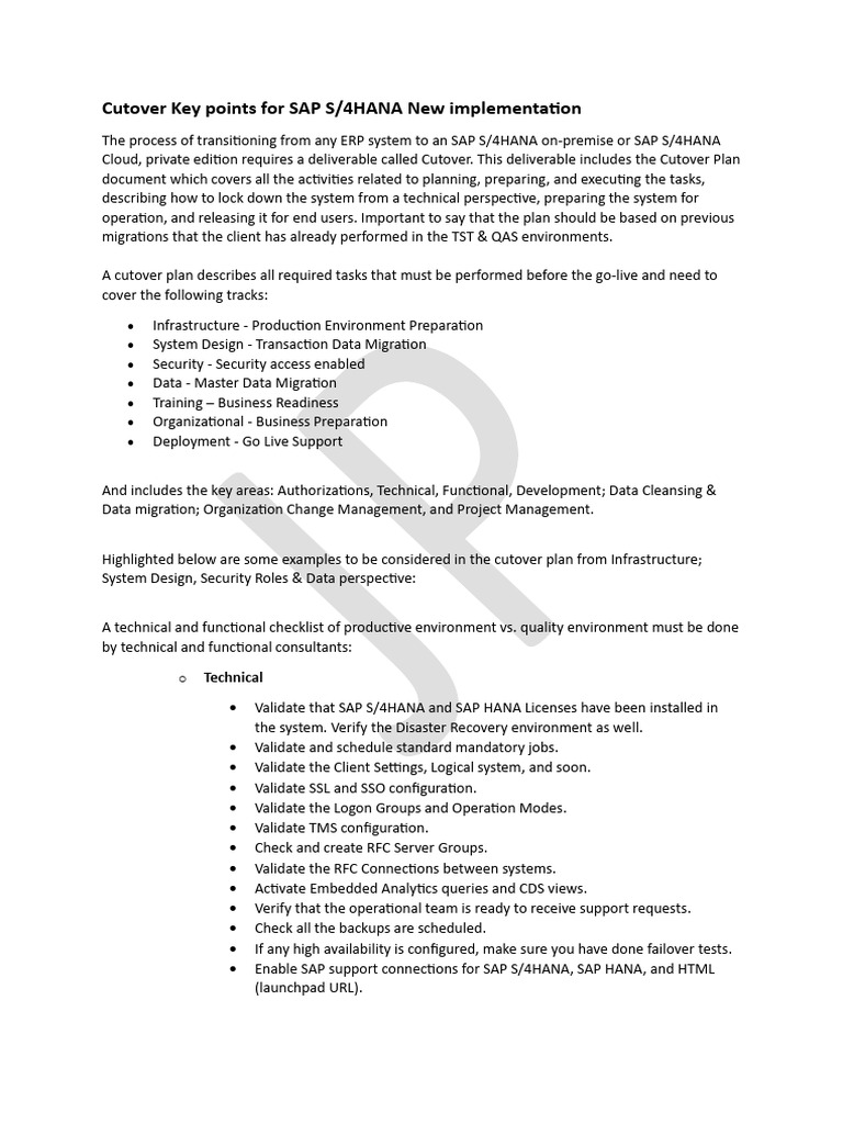 Cutover Key Points For SAP S - 4HANA New Implementation | PDF | Banks ...