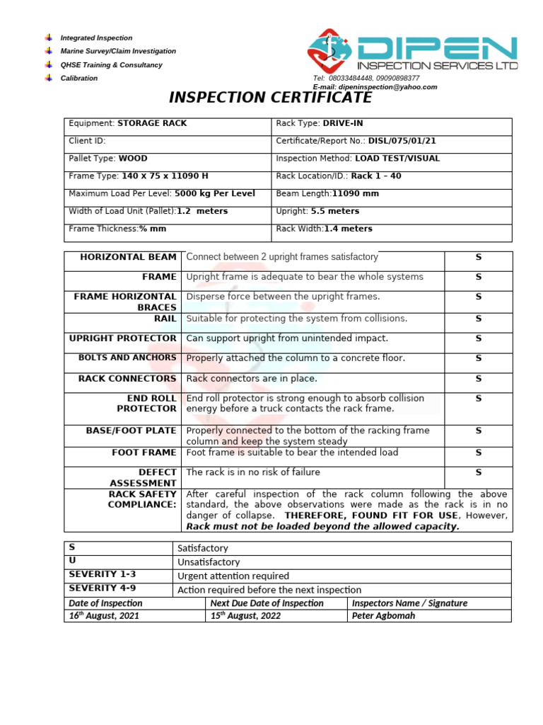 Ovaltine Rack Inspection Certificate 2021 | PDF | Pallet