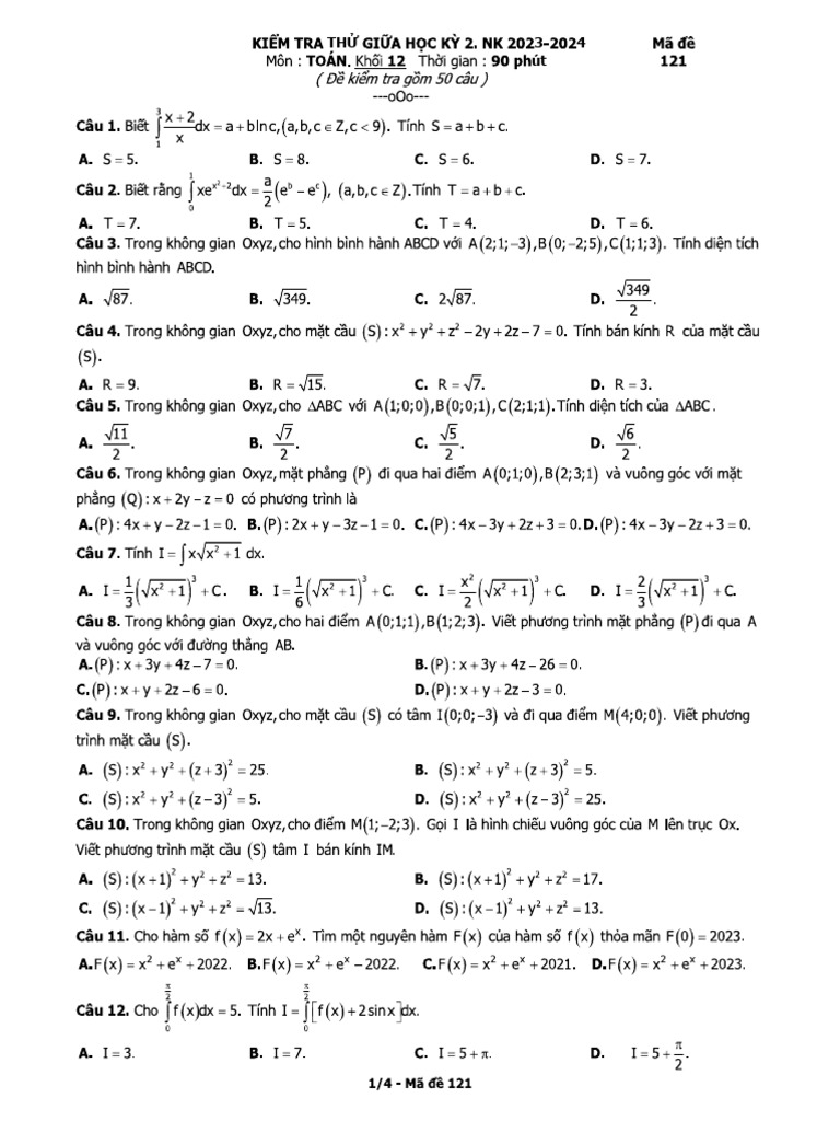 ĐỀ THI THỬ TOÁN 12 GIỮA HK2 | PDF
