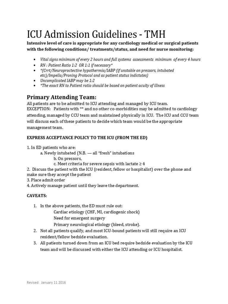 ICU Admission Guidelines TMH | PDF | Intensive Care Unit | Sepsis