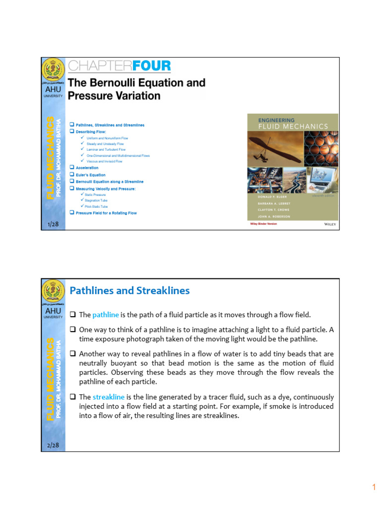 Chapter 4 The Bernoulli Equation and Pressure Variation | PDF | Fluid ...