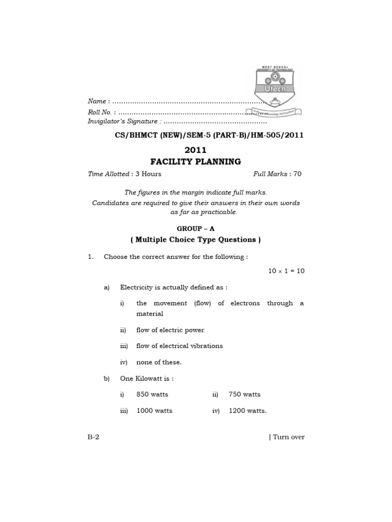 Facility-Planning - Questions Paper MAKAUT 2011 | PDF | Materials