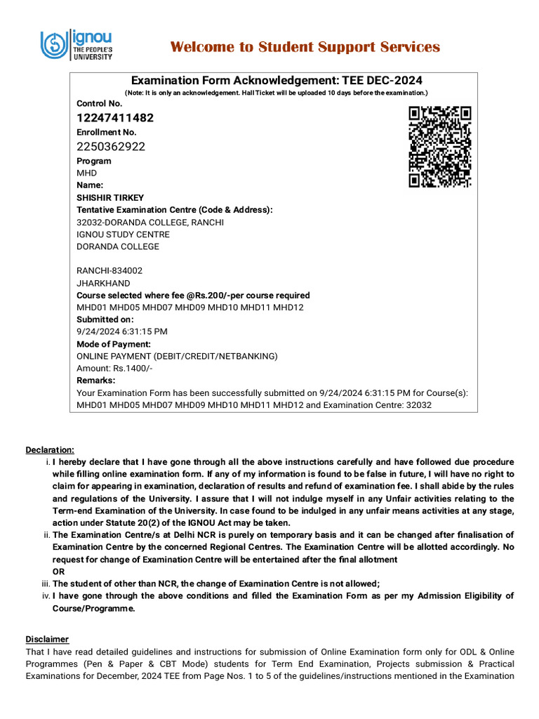 IGNOU Exam Form Acknowledgement DEC-2024 | PDF | Finance & Money Management