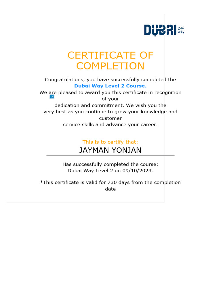 Dubai Way Level 2 Completion Certificate | PDF