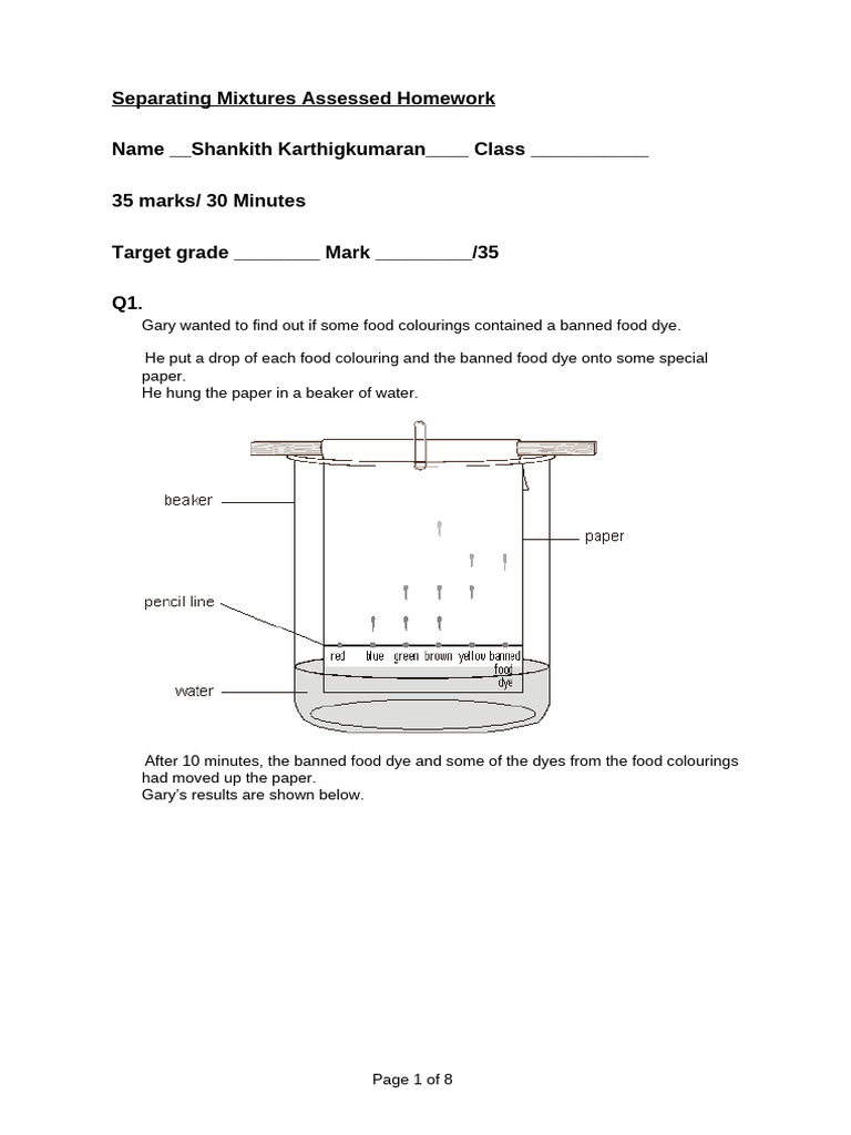 Separating Mixtures Assessed Homework-Shankith | PDF | Water | Solubility