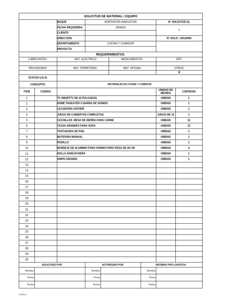 Formato Solicitud Materiales Cocina y Comedor | PDF