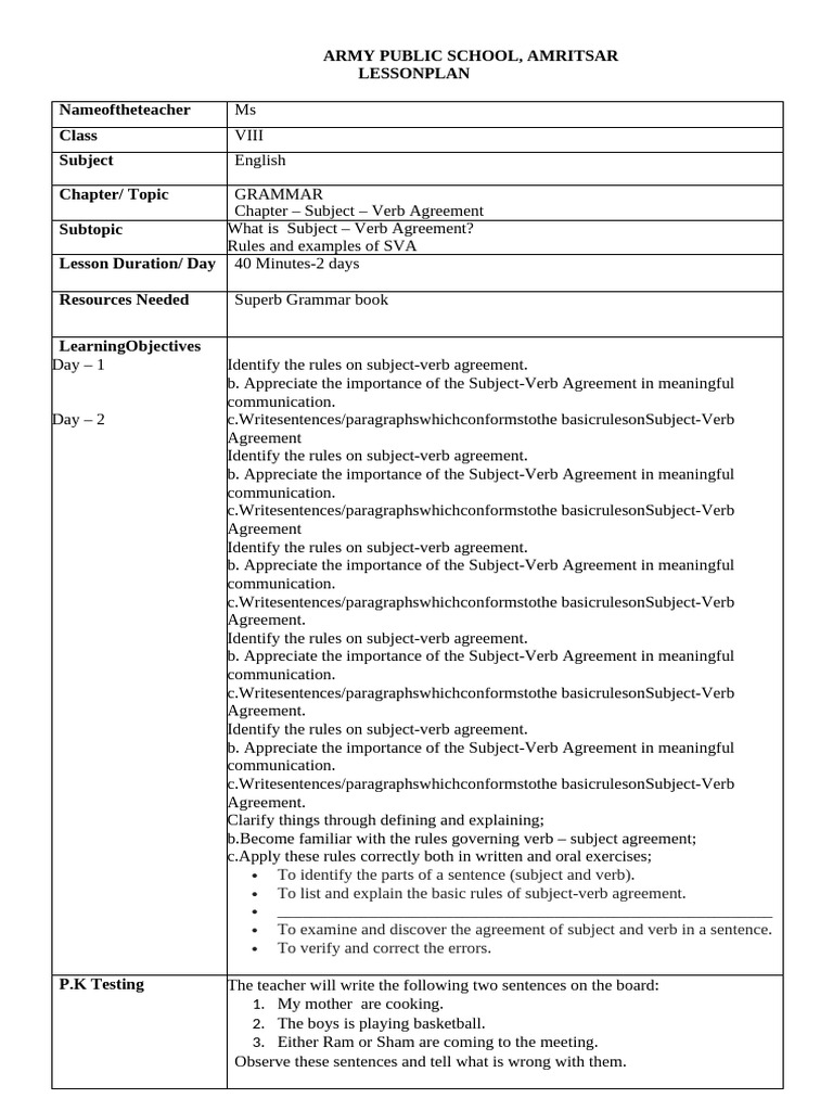Class 8 Subject-Verb Agreement Lesson | PDF | Subject (Grammar) | Verb