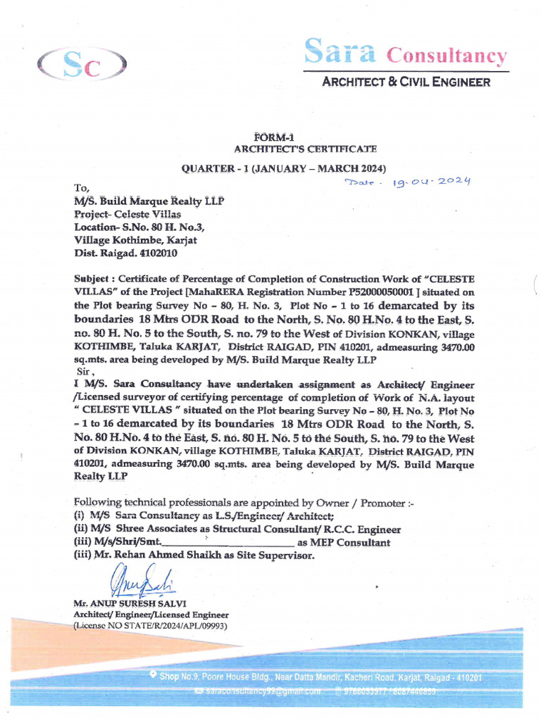 Form 1 Architect Certificate-1 | PDF