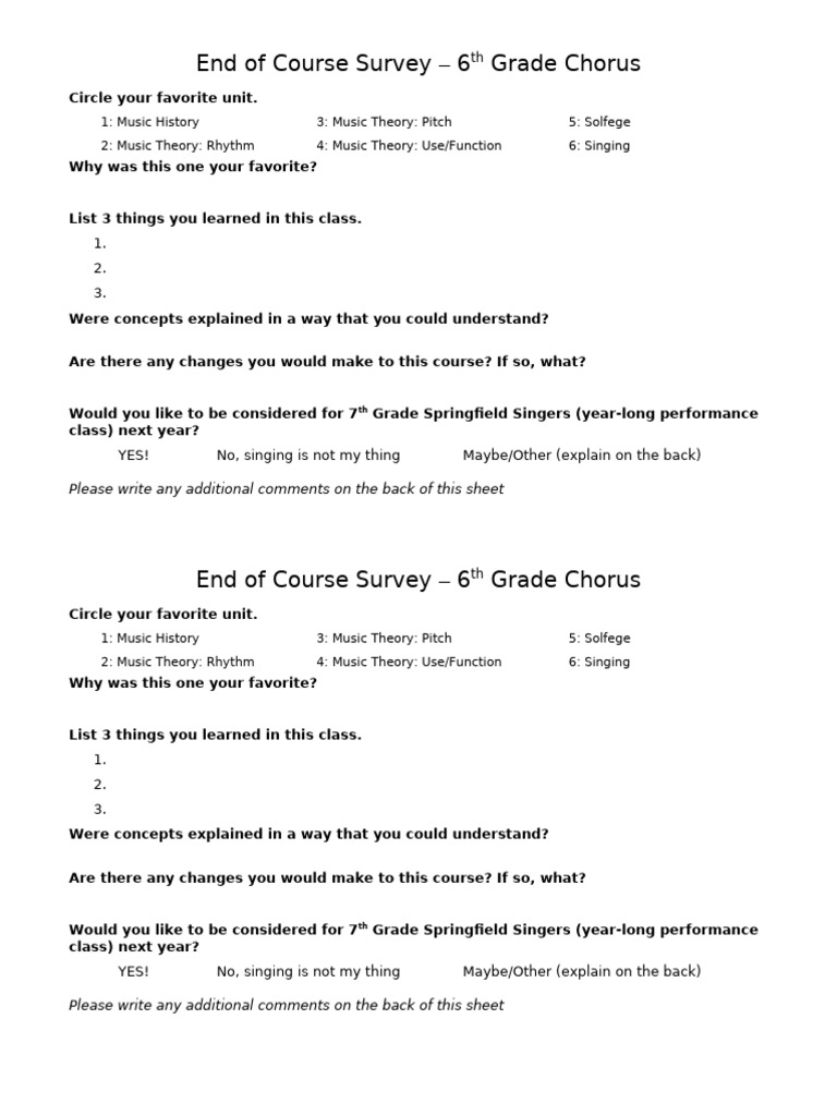 End of Course Survey 6th Grade Chorus | PDF | Language Arts & Discipline
