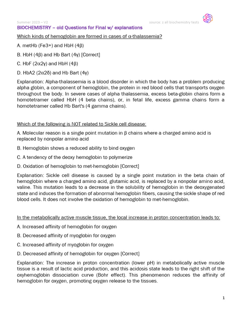 Biochemistry Old Questions Final Exam V2 | PDF | Hemoglobin | Collagen