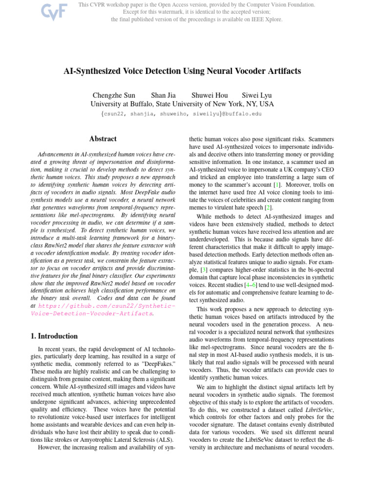 AI-Synthesized Voice Detection Using Neural Vocoder Artifacts | PDF | Speech Synthesis ...
