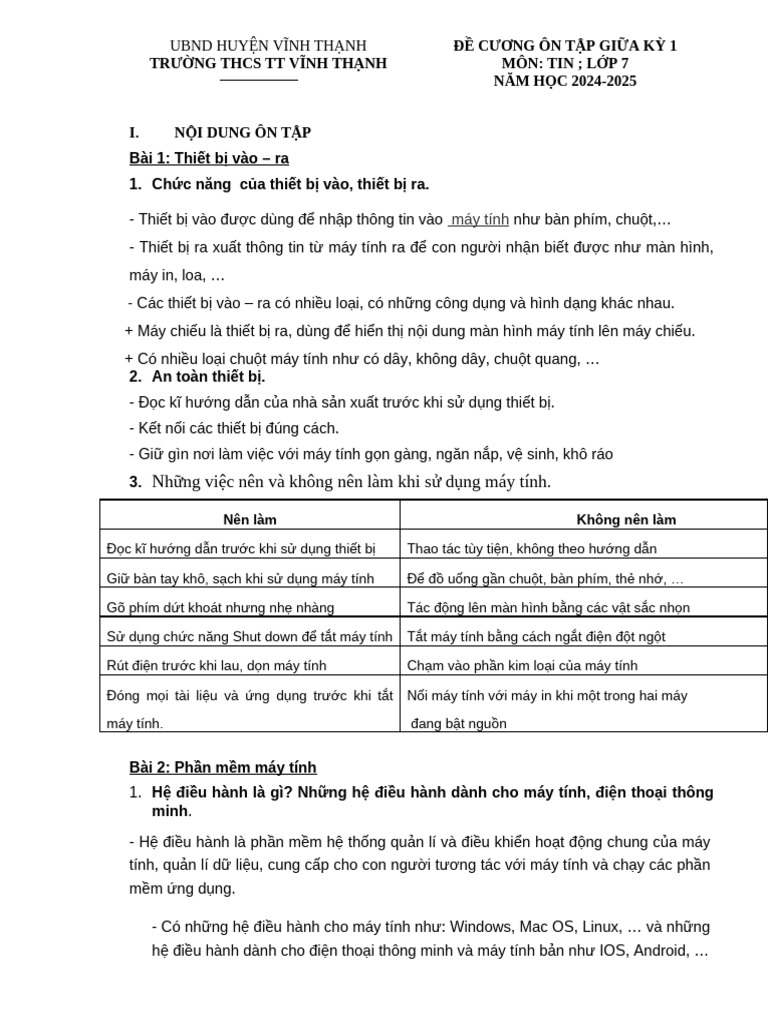 Đề cương ôn tập GKI - Tin 7 | PDF