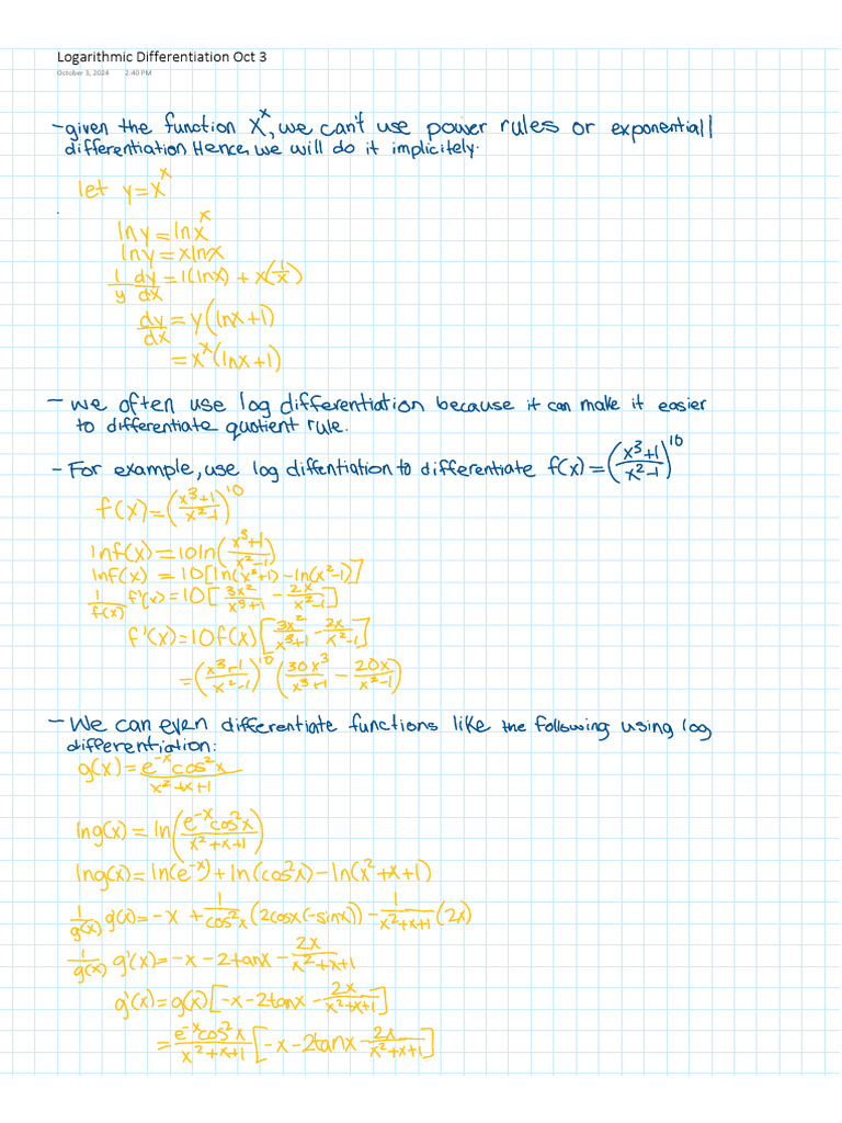 Logarithmic Differentiation Oct 3 | PDF