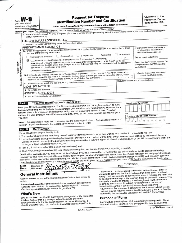 W9-Freightsmart Logistics LLC-2024 | PDF | Limited Liability Company | Internal Revenue Service