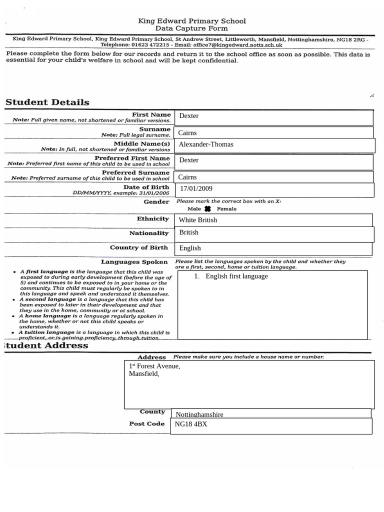 Student Data Capture Sheet | PDF