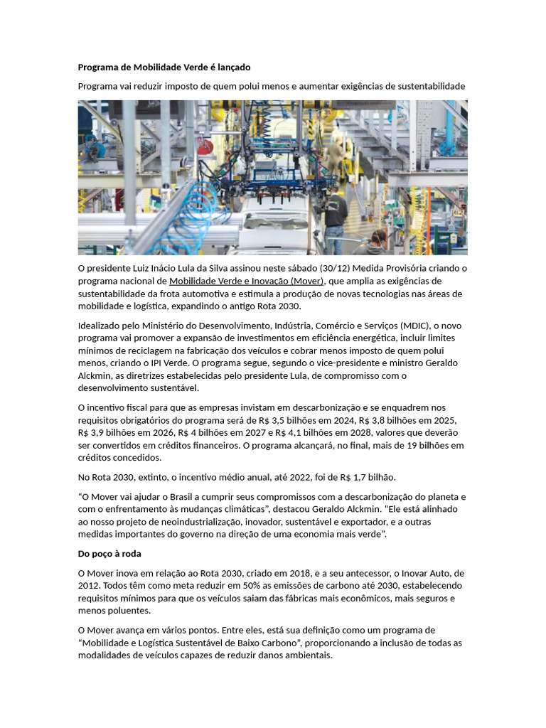 Programa Mover: Mobilidade Verde e Sustentável | PDF | Economia de ...