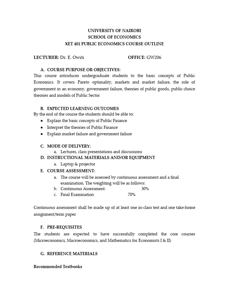 XET 401 Course Outline Public Economics | PDF | Economics | Market Failure