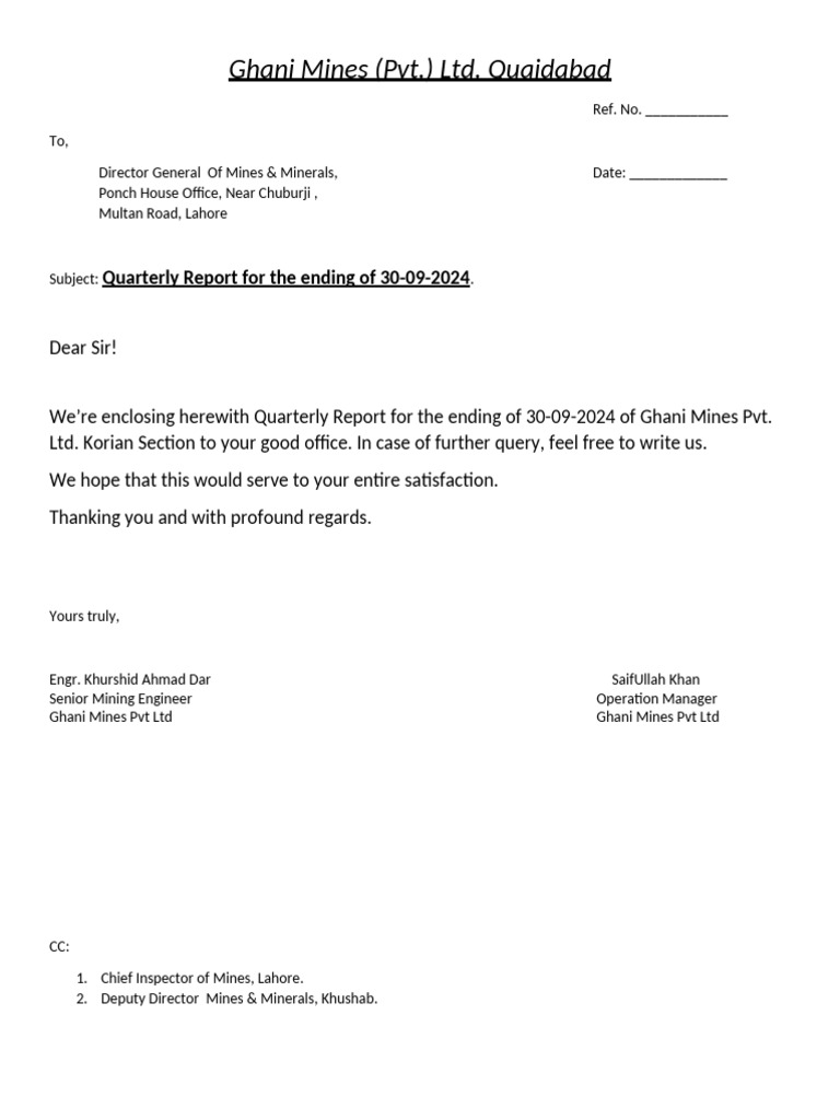 Quarterly Report: Ghani Mines Pvt. Ltd. | PDF