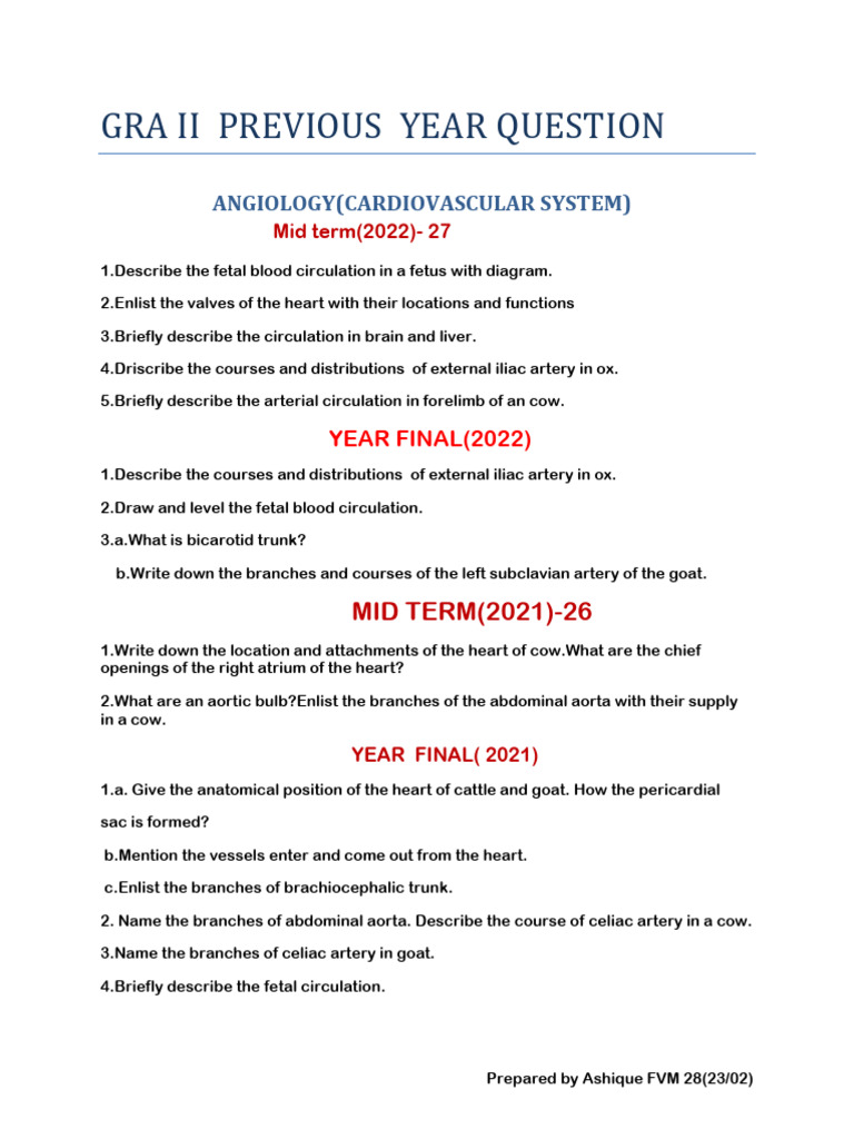 Gra II Previous Year Question | PDF | Aorta | Lymphatic System