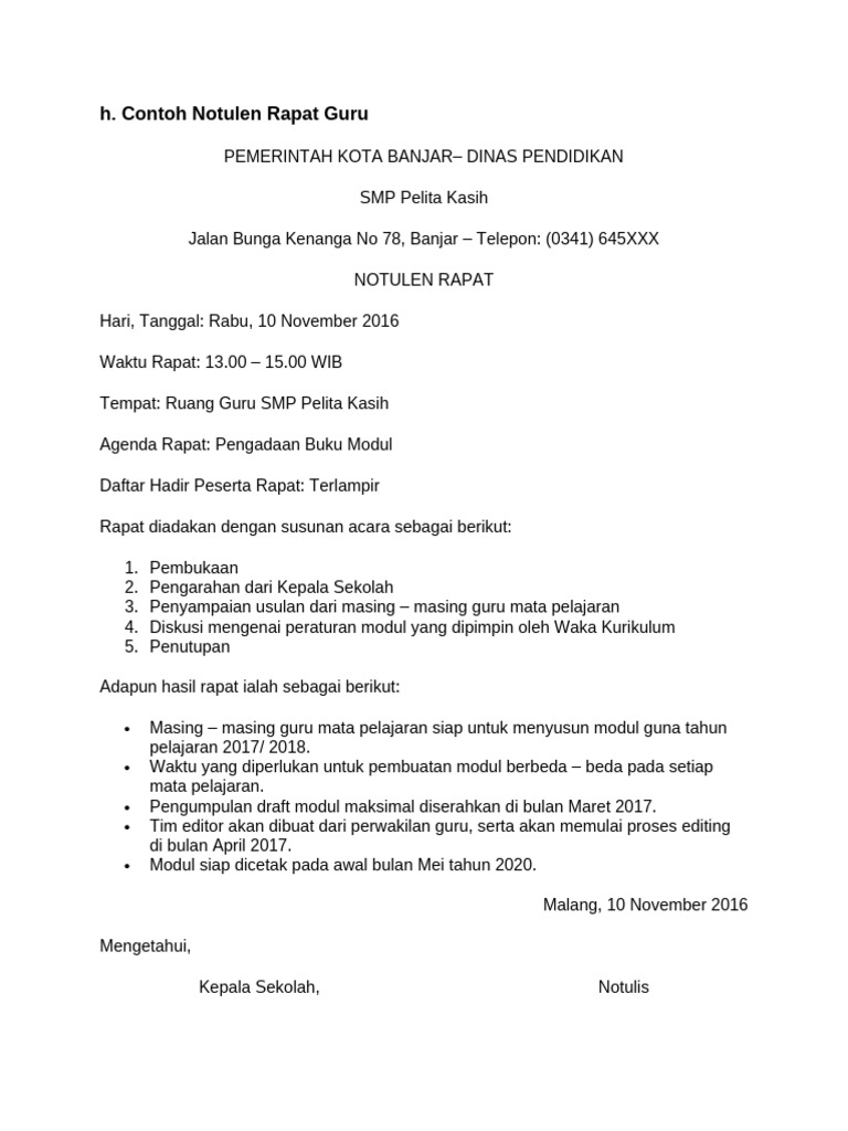 Contoh Notulen Rapat Sekolah | PDF