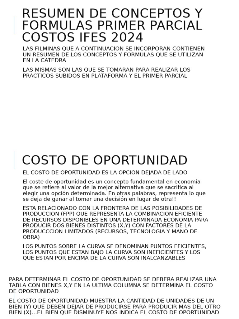 Resumen de Conceptos y Formulas Primer Parcial Costos | PDF | Costo | Costo de oportunidad