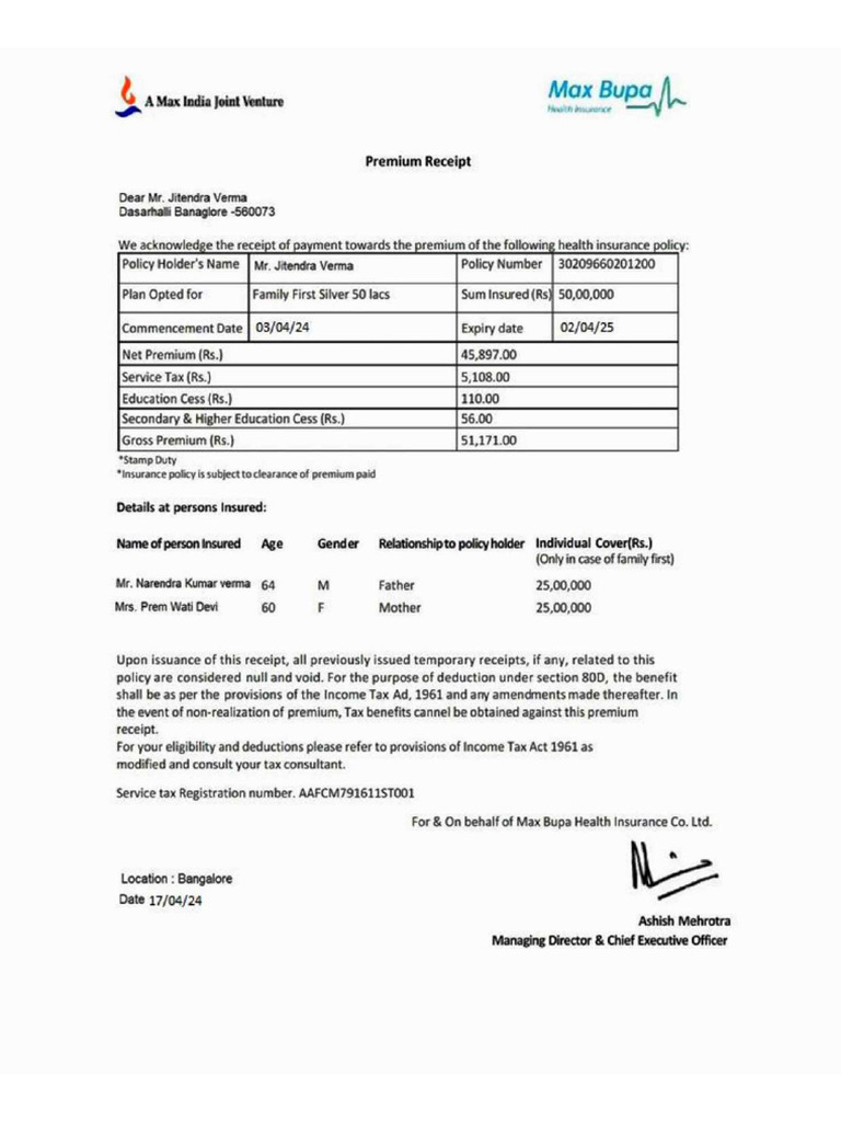 Medical Insurance Receipt 1 | PDF