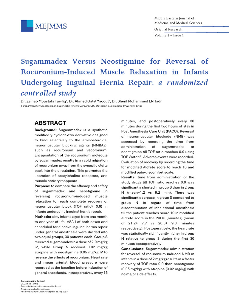 Sugammadex Versus Neostigmine For Reversal of Rocuronium-Induced Muscle ...