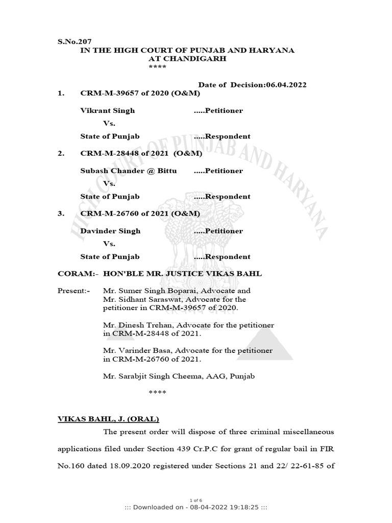 Vikrant Singh V State of Punjab and Connected Matters PH HC 414460 | PDF | Bail | Discovery (Law)