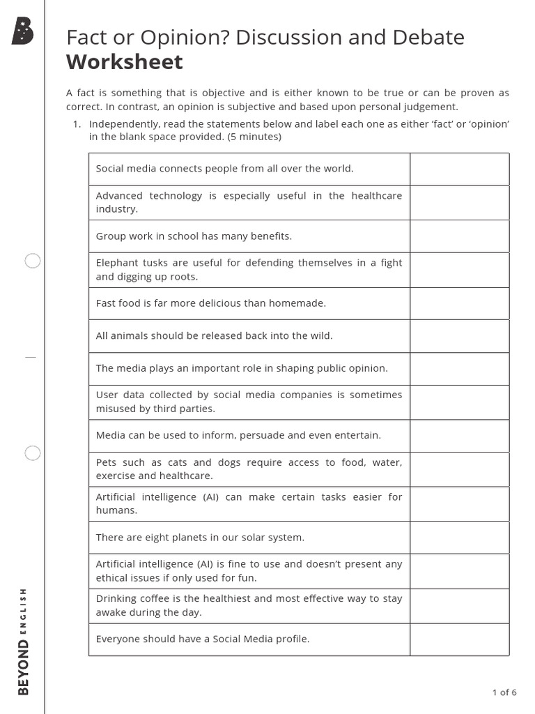 Fact vs Opinion Debate Worksheet | PDF | Artificial Intelligence ...