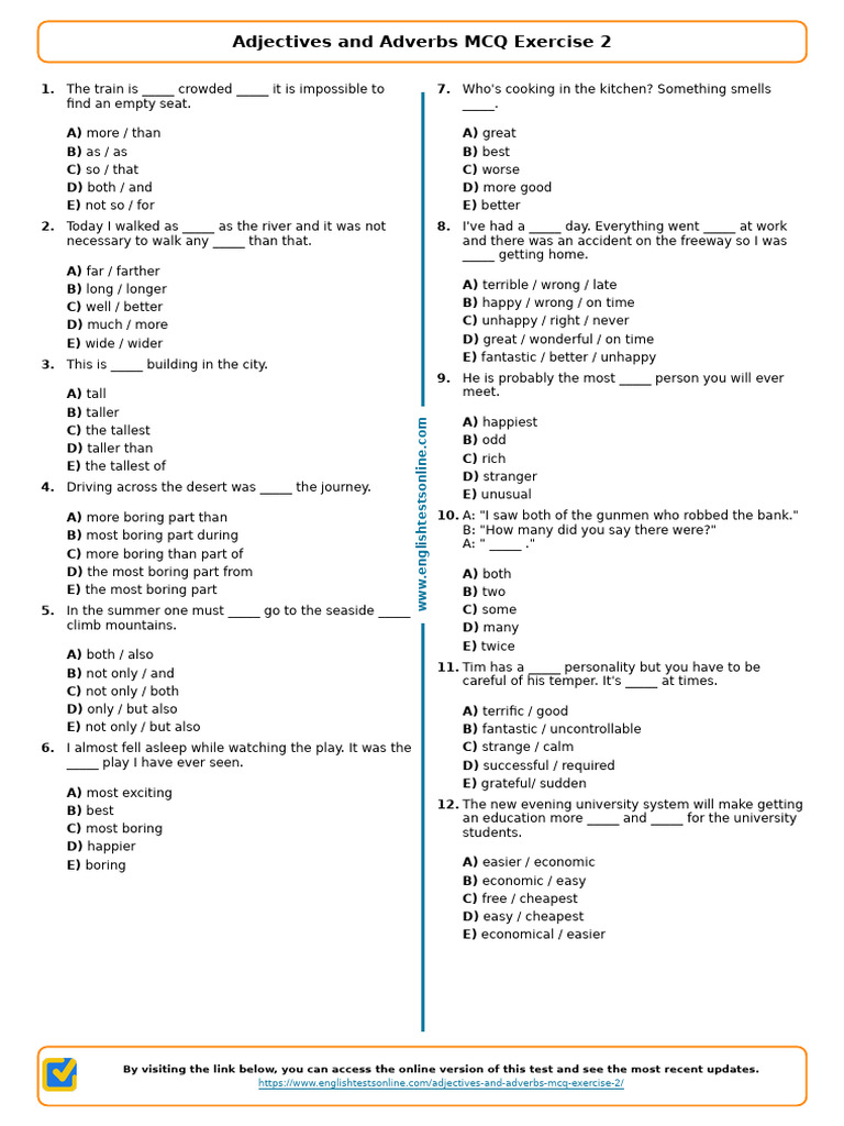 1817 - Adjectives and Adverbs MCQ Exercise 2 | PDF