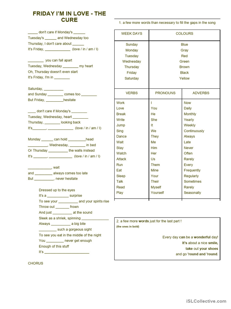 Feel-Good Fridays - Learning English With 'Friday I'm in Love' | PDF ...