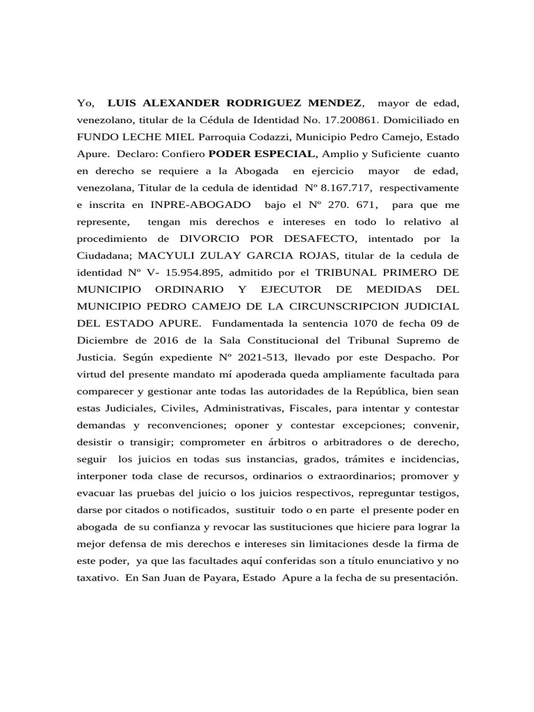 Poder Especial para Divorcio en Apure | PDF | Derecho