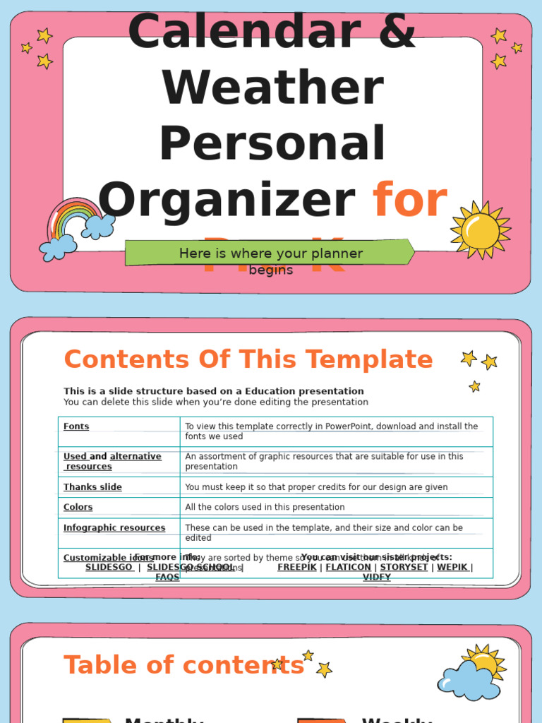 Calendar & Weather Personal Organizer For Pre-K by Slidesgo | PDF ...