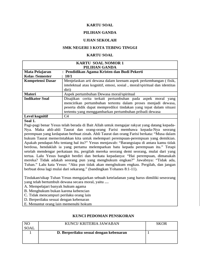 Kartu Soal Agama Kristen PTS KLS 10 Ganjil 2023 | PDF