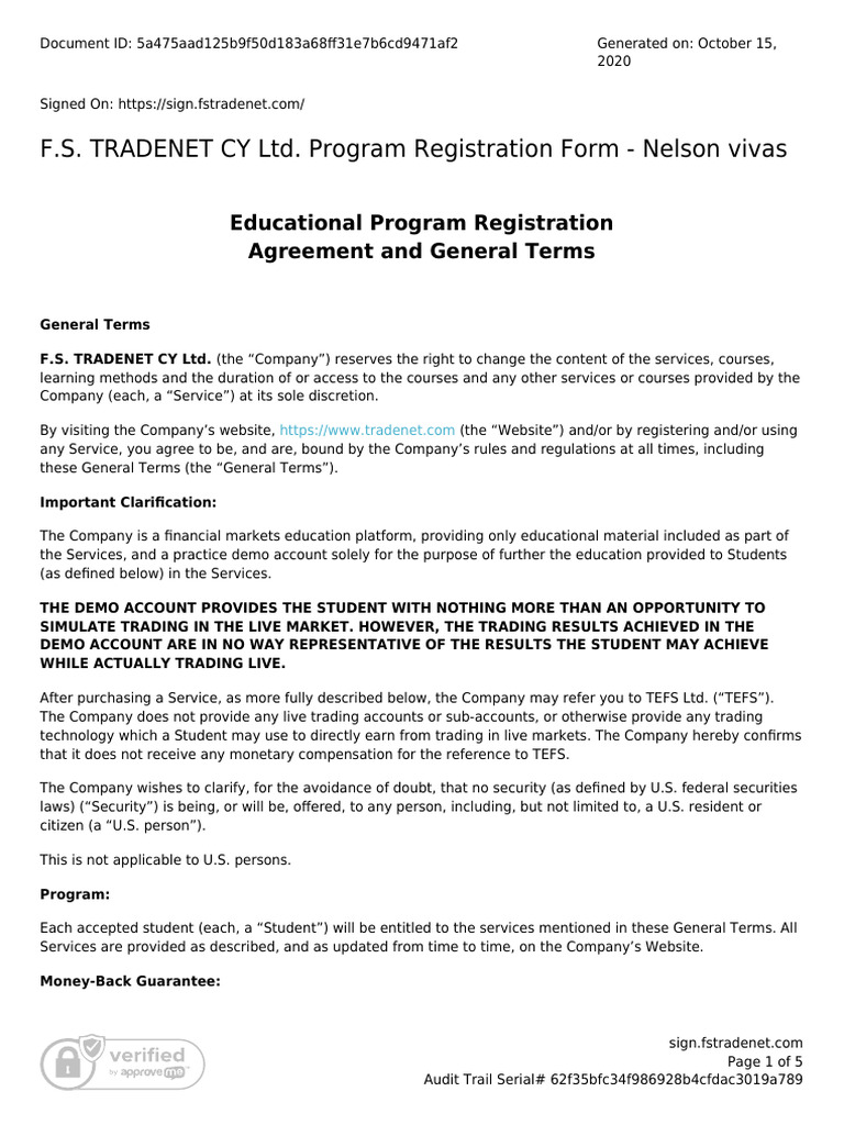 F.S. Tradenet Cy Ltd. Program Registration Form Nelson Vivas | PDF ...