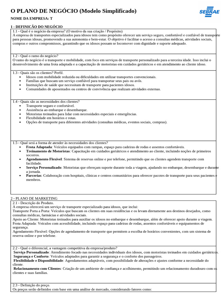 ANEXO - PLANO DE NEGÓCIO MODELO SIMPLIFICADO Pronto | PDF | Transporte | Despesa