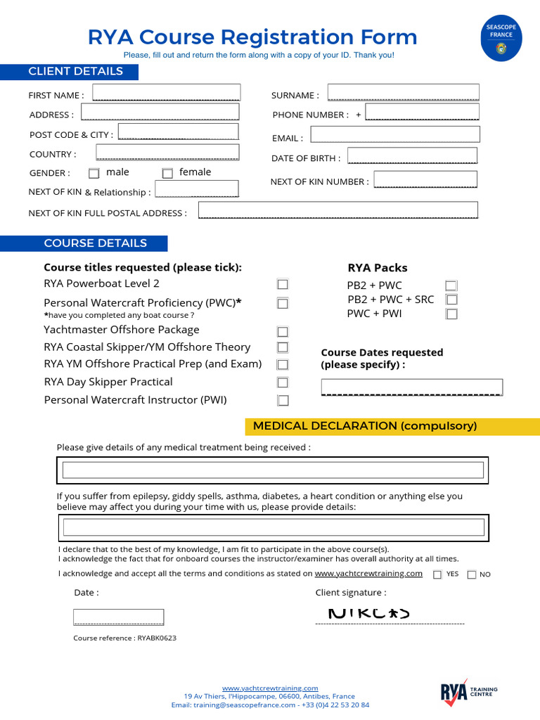 SSF RYA Registration Form | PDF