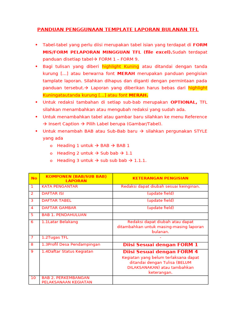 Panduan Penggunaan Template Laporan Bulanan TFL | PDF