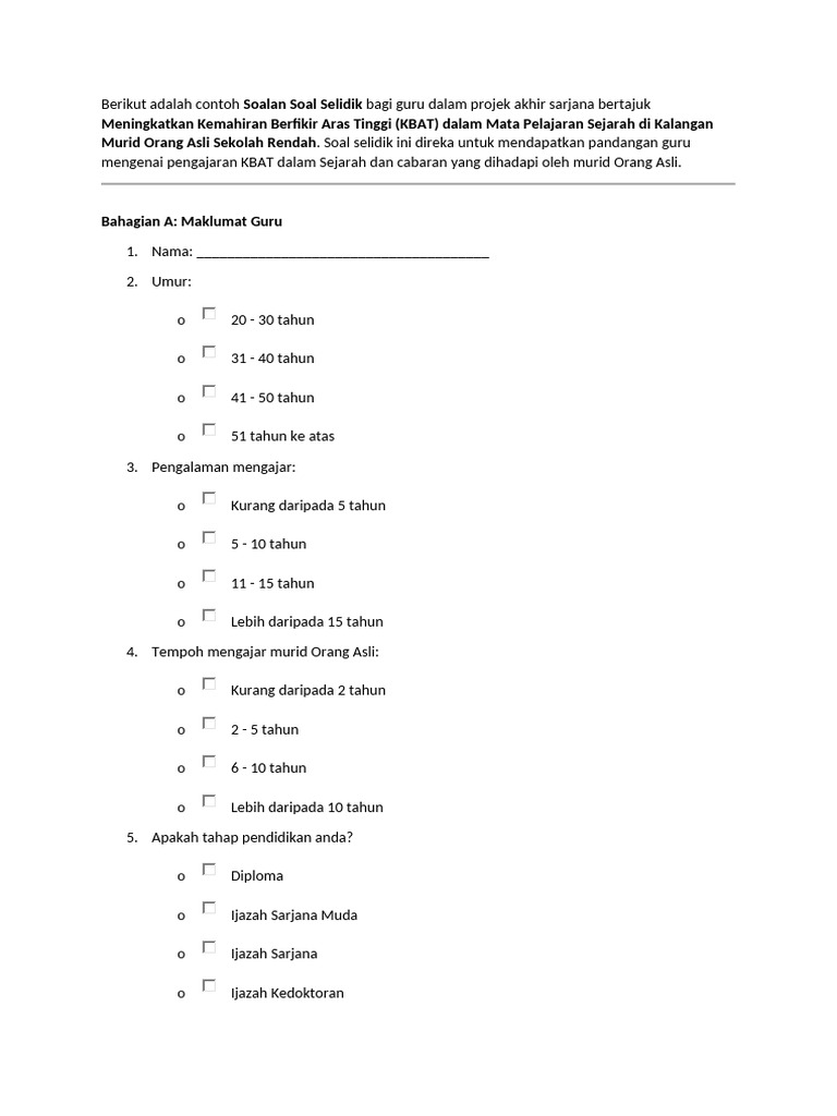 Soalan Soal Selidik Untuk Guru | PDF