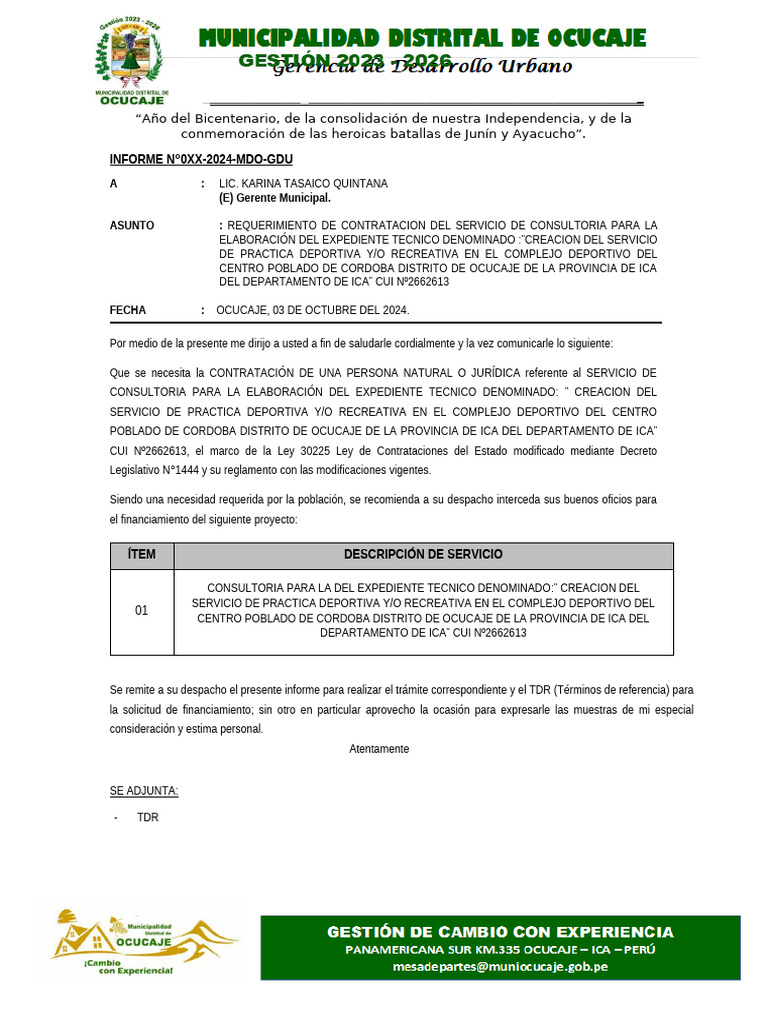 INFORME N°046-2024-MDO-GDU - Requerimiento | PDF