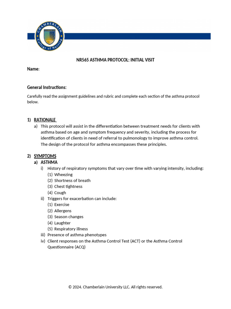 Week6 nr565 Respiratory Protocol Assignment Template | PDF | Asthma | Clinical Medicine