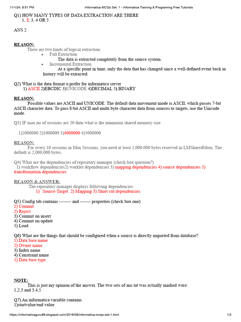 Informatica MCQs Set - 1 - Informatica Training & Programing Free Tutorials | PDF | Ascii | Byte