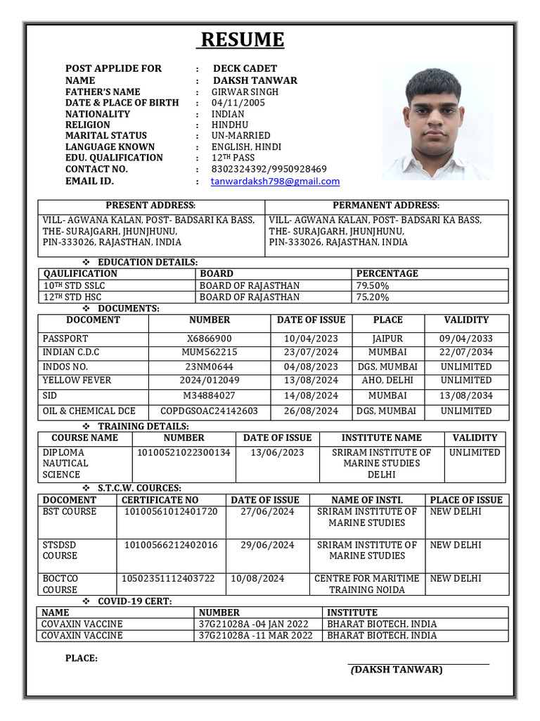 Resume: Post Applide For: Deck Cadet Name: Daksh Tanwar | PDF ...