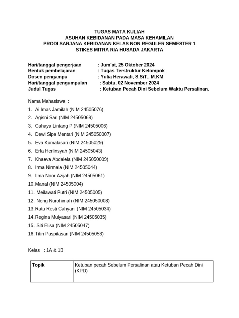 Tugas Kelompok 7 Askeb Kehamilan (KPD Sebelum Persalinan) | PDF