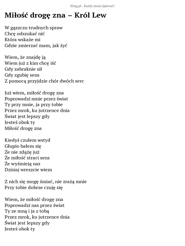 Tekst Krol Lew Milosc Droge Zna Czas Simby 2g9ndp | PDF