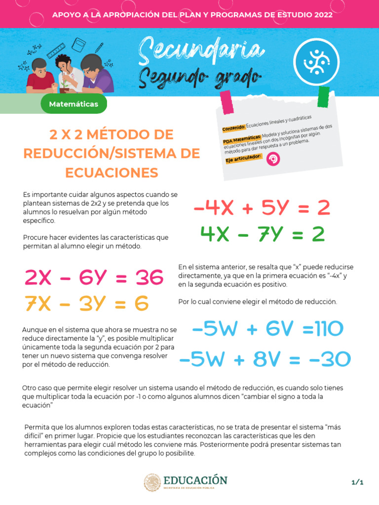 Mat - 2° - 2 X 2 Metodo de Reduccionsistema de Ecuaciones | PDF | Ecuaciones | Matemáticas
