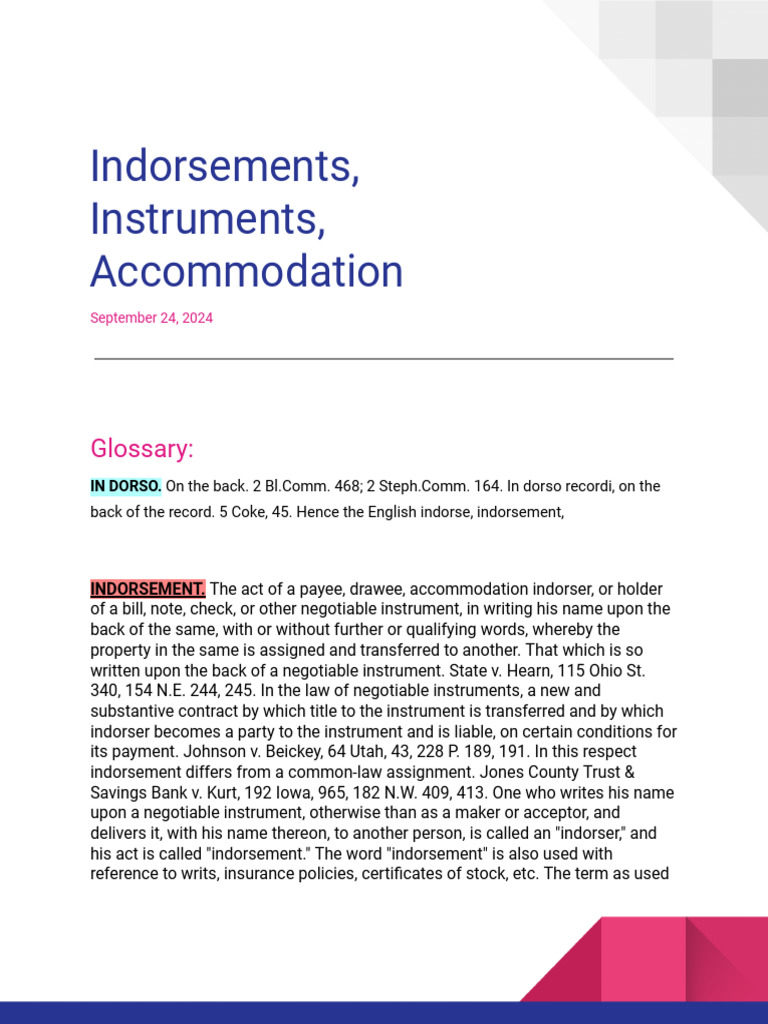 Indorsements, Instrument, Accommodation | PDF | Negotiable Instrument | Banks