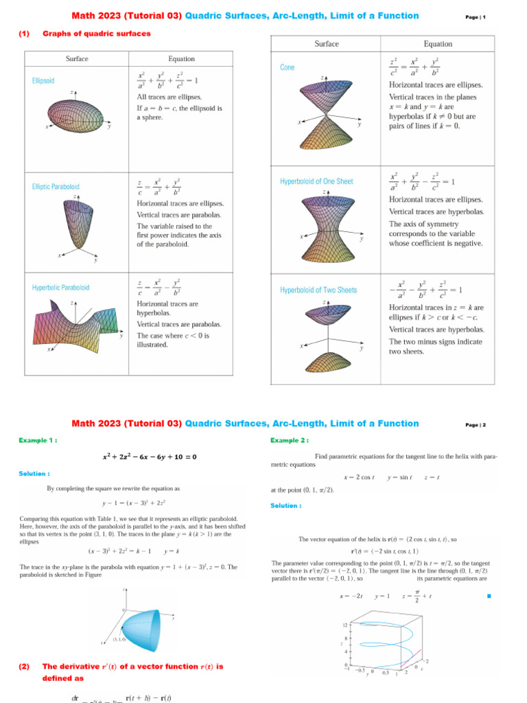 Math 2023 (Tutorial 03) (Quadric Surfaces, Arc-Lenght and Limit of Function) | PDF | Curve ...