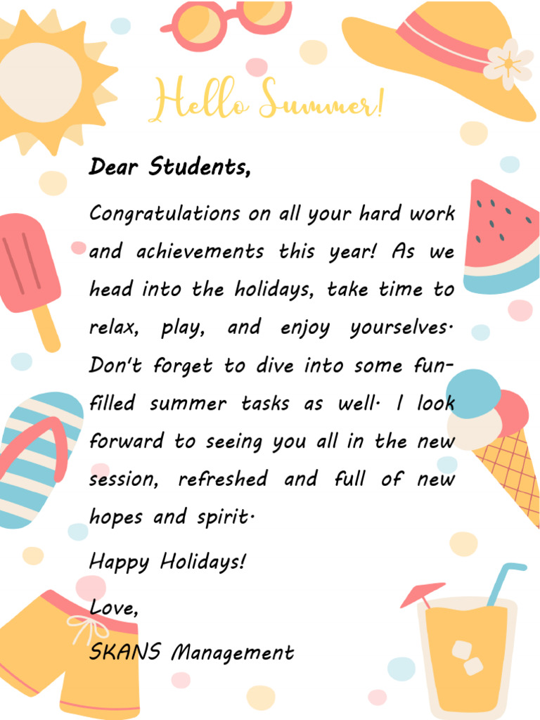 Summer Holiday Message to Students | PDF | Cooking, Food & Wine
